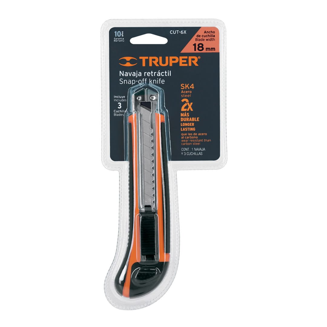 CUTTER 18 MM PROFESIONAL CON ALMA METÁLICA Y GRIP, TRUPER – Proyecto Ferretero